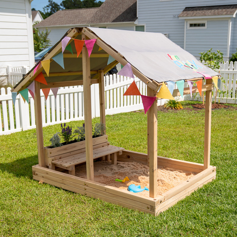 Funphix Dig n Play Wooden Sandbox Playhouse with Bench & Flower Planter, Outdoor Sand Pit for ...